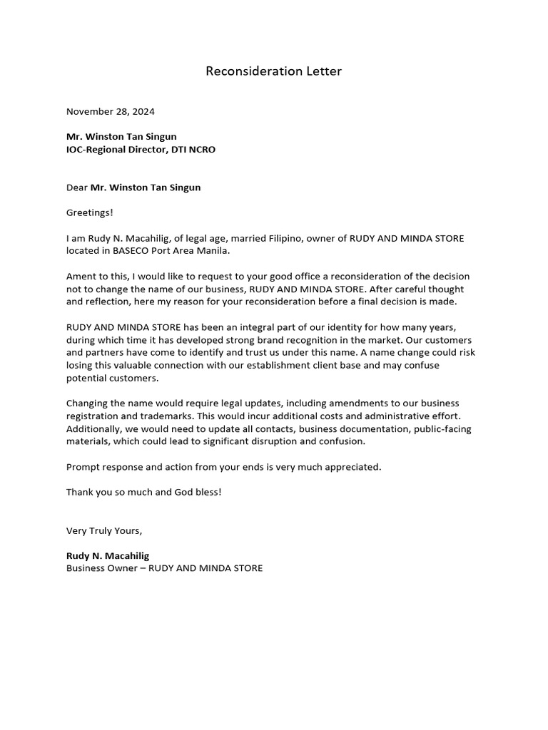 Reconsideration Letter | PDF