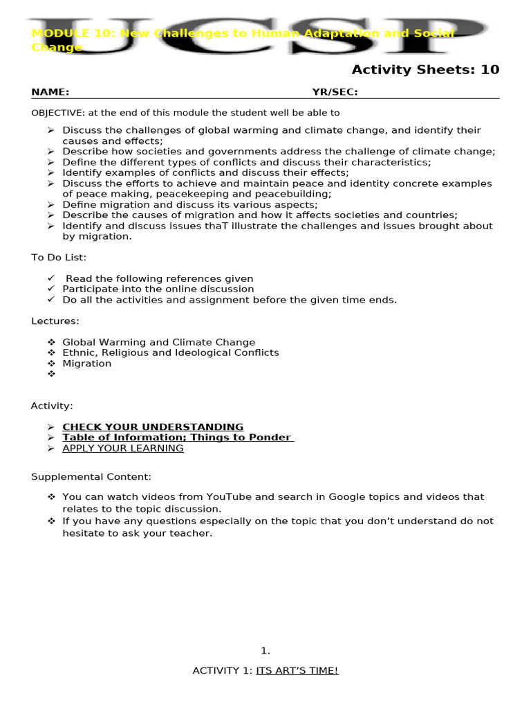 UCSP MODULE 10 Activity Sheets | PDF | Human Migration | Climate Change