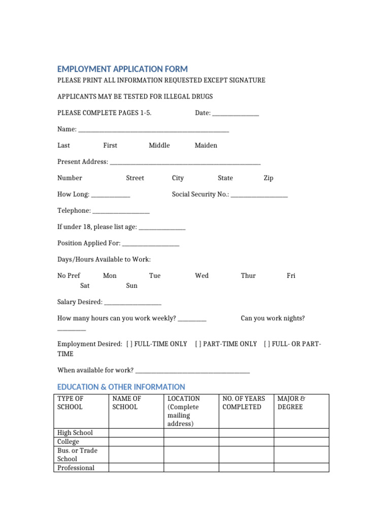 Employment Application Form With Table | PDF