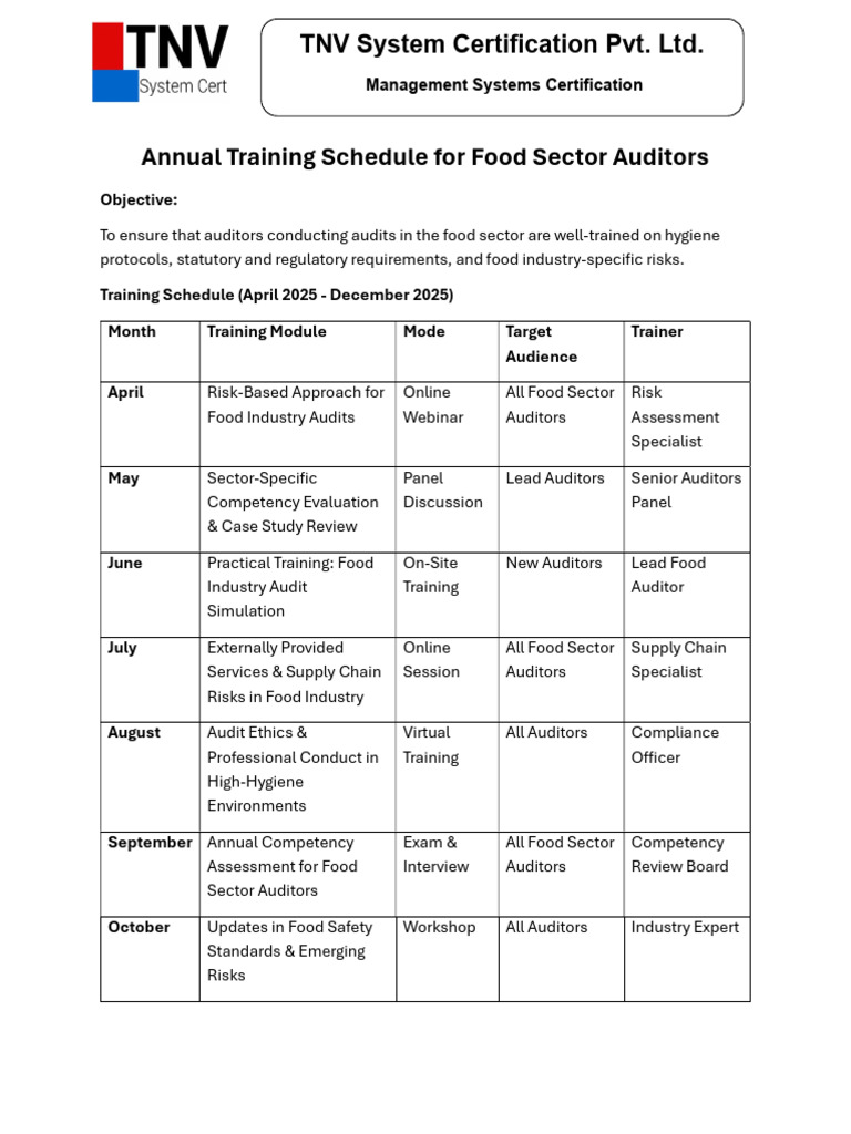 Food Sector Auditor Training Schedule | PDF | Audit | Regulatory Compliance