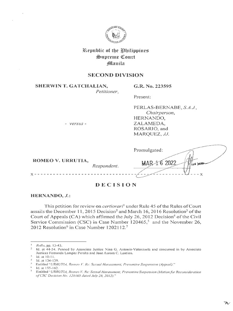 GR - 223595 - 2022 Gatchalian Vs Urrutia | PDF | Sexual Harassment | Complaint
