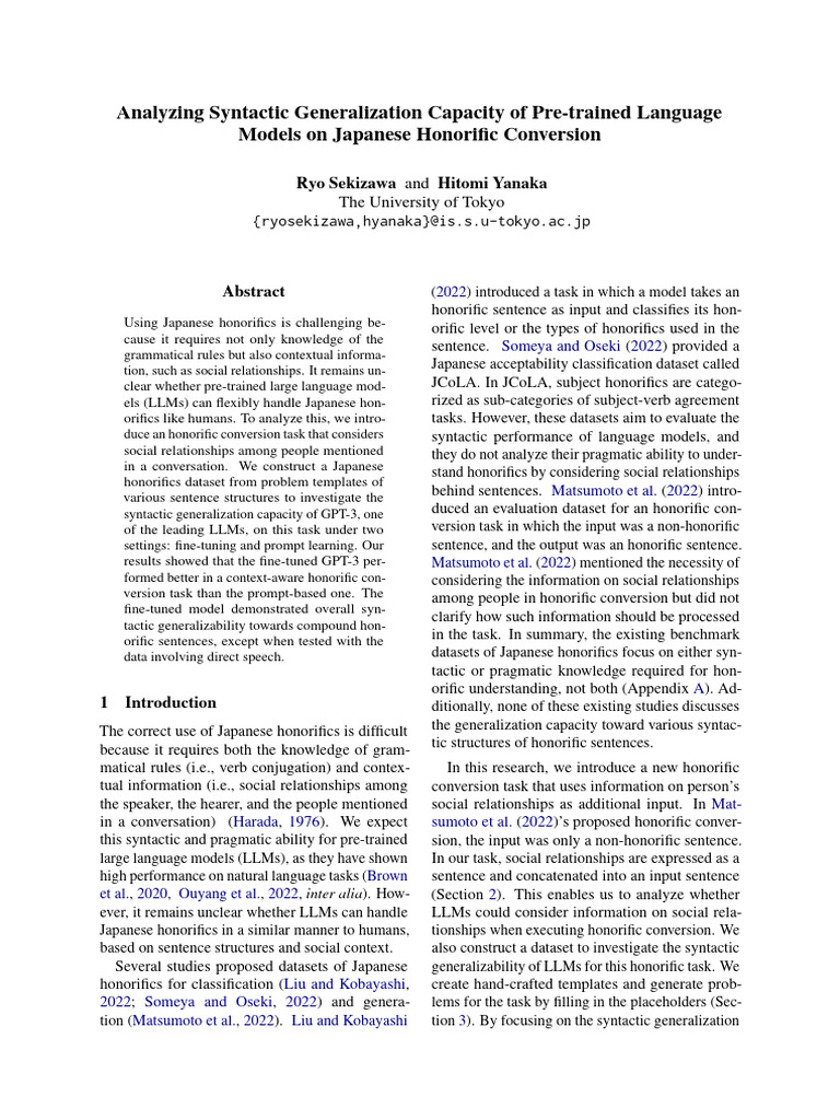 Analyzing Syntactic Generalization Capacity of Pre-trained Language Models on Japanese Honorific ...