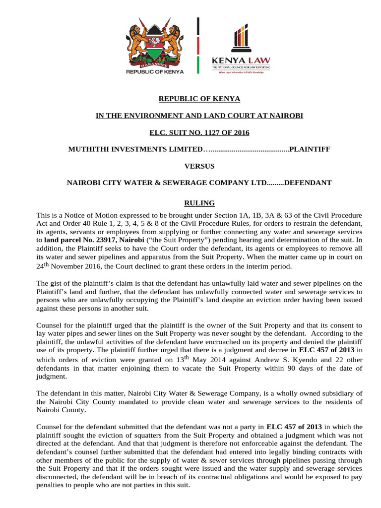 Muthithi Investments Limited V Nairobi City Water Sewerage Company LTD ...