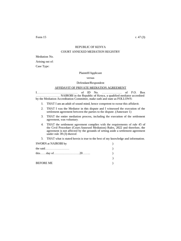 FORM 15- AFFIDAVIT OF PRIVATE AGREEMENT (1) | PDF