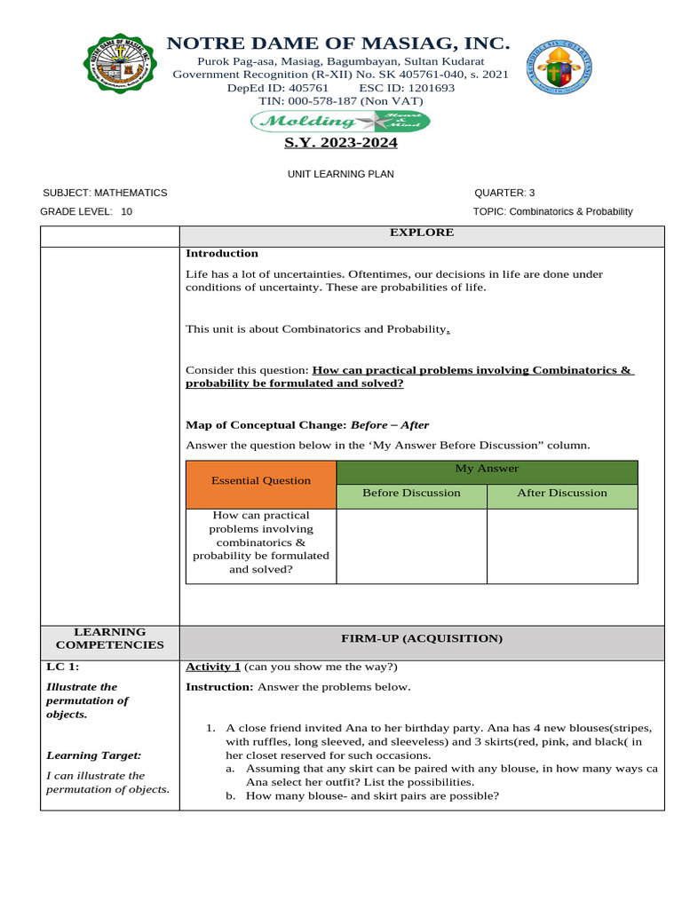 UNIT-LEARNING-PLAN - Math 10 - 1ST Quarter | PDF | Permutation | Mathematics