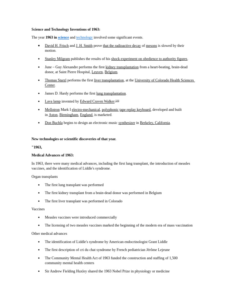 Key Inventions and Advances of 1963 | PDF | Organ Transplantation