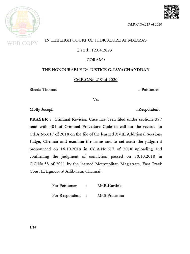 Sheela Thomas V Molly Thomas | PDF | Justice | Crime & Violence