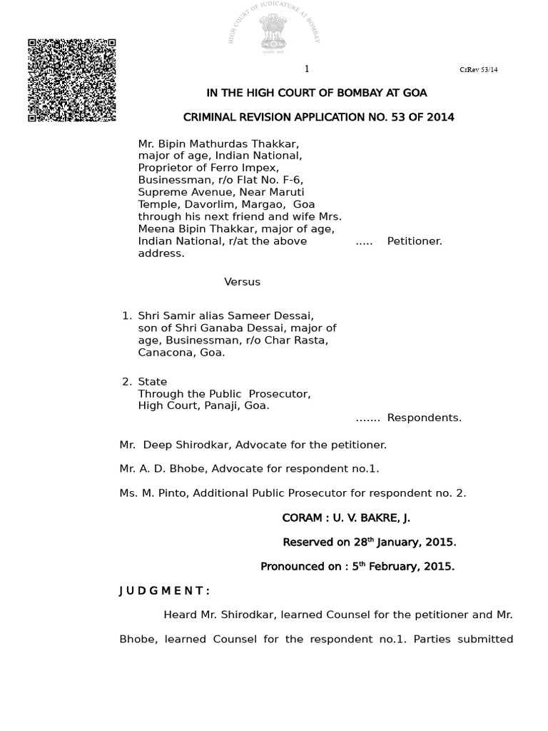 Bipin Mathurdas Thakkar V Sameer Dessai | PDF | Cheque | Appeal