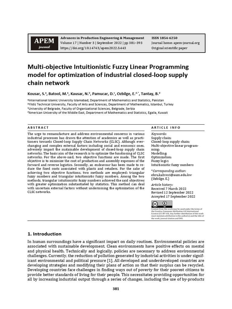 Multi Objective Intuitionistic Fuzzy Lin | PDF | Fuzzy Logic | Supply Chain