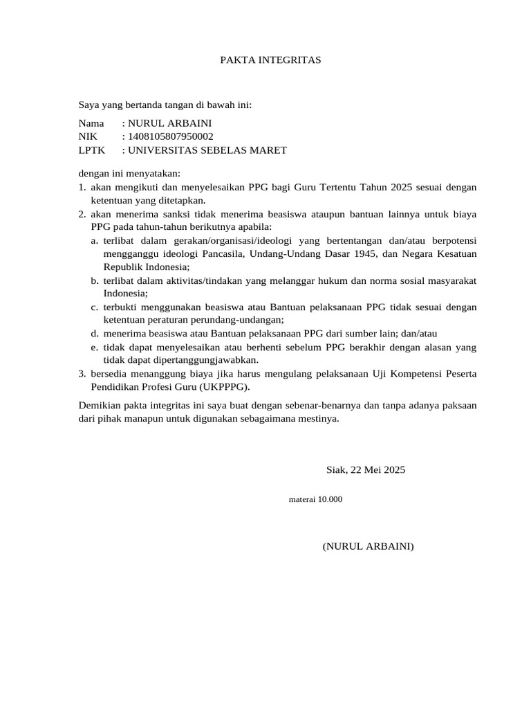 PAKTA INTEGRITAS PPG Tahap 1 2025 | PDF