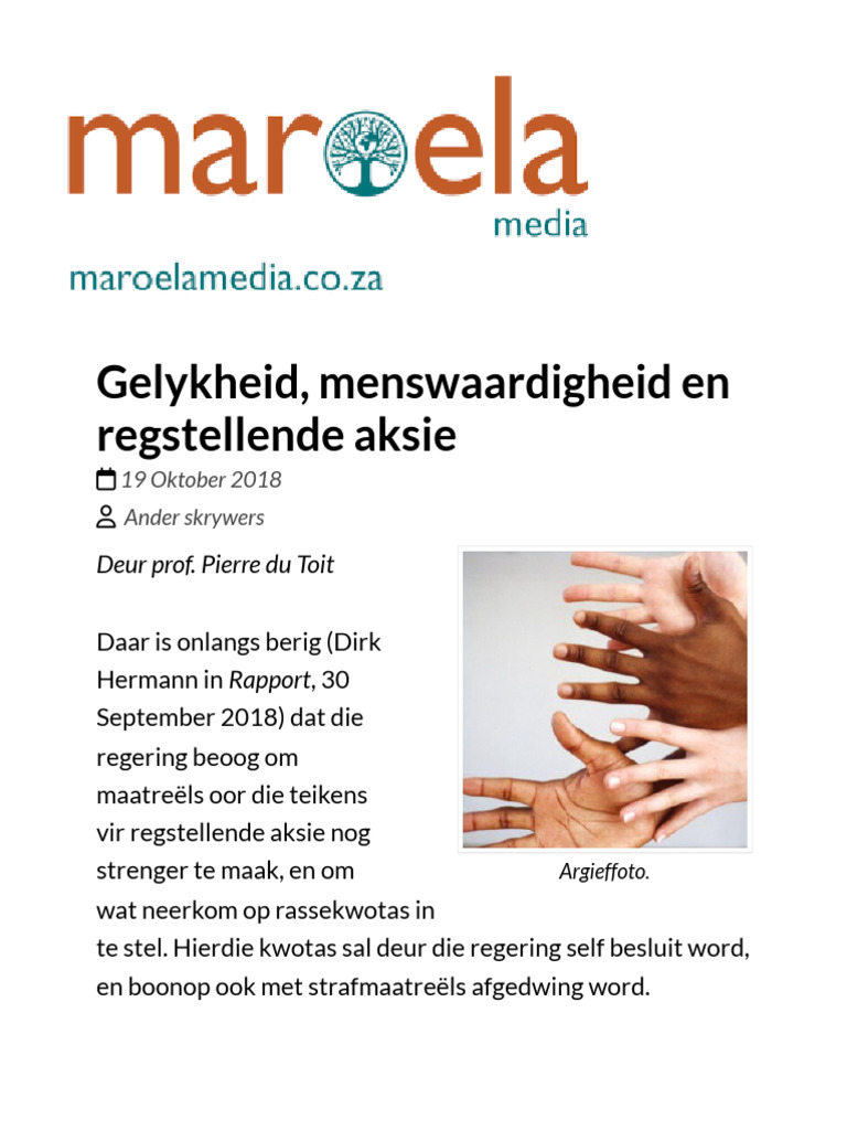 Gelykheid, Menswaardigheid en Regstellende Aksie - Maroela Media | PDF