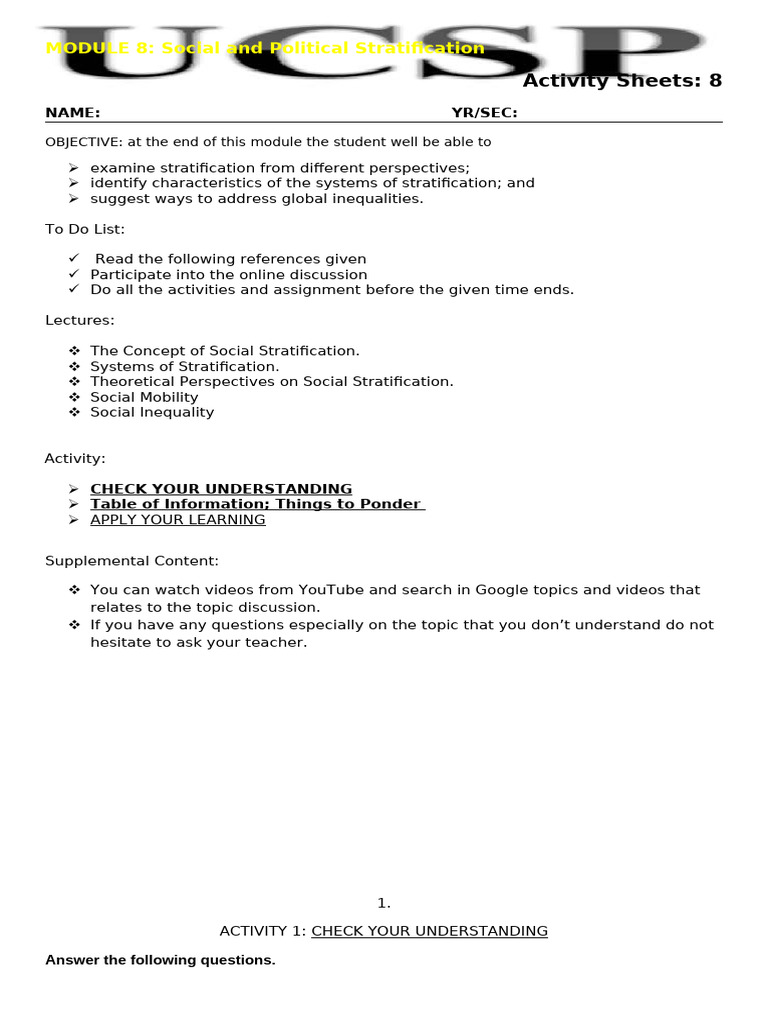 UCSP MODULE 8 - Activity Sheets | PDF | Social Stratification | Social ...