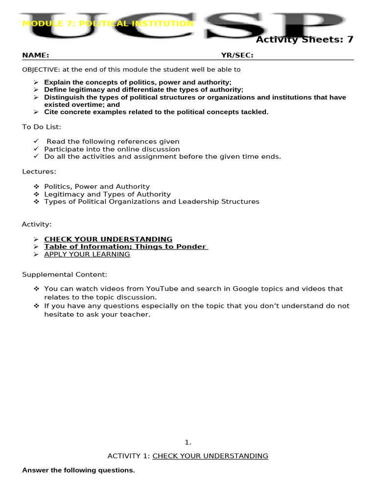 UCSP MODULE 7 - Activity Sheet | PDF | Legitimacy (Political) | Liberal Arts Education
