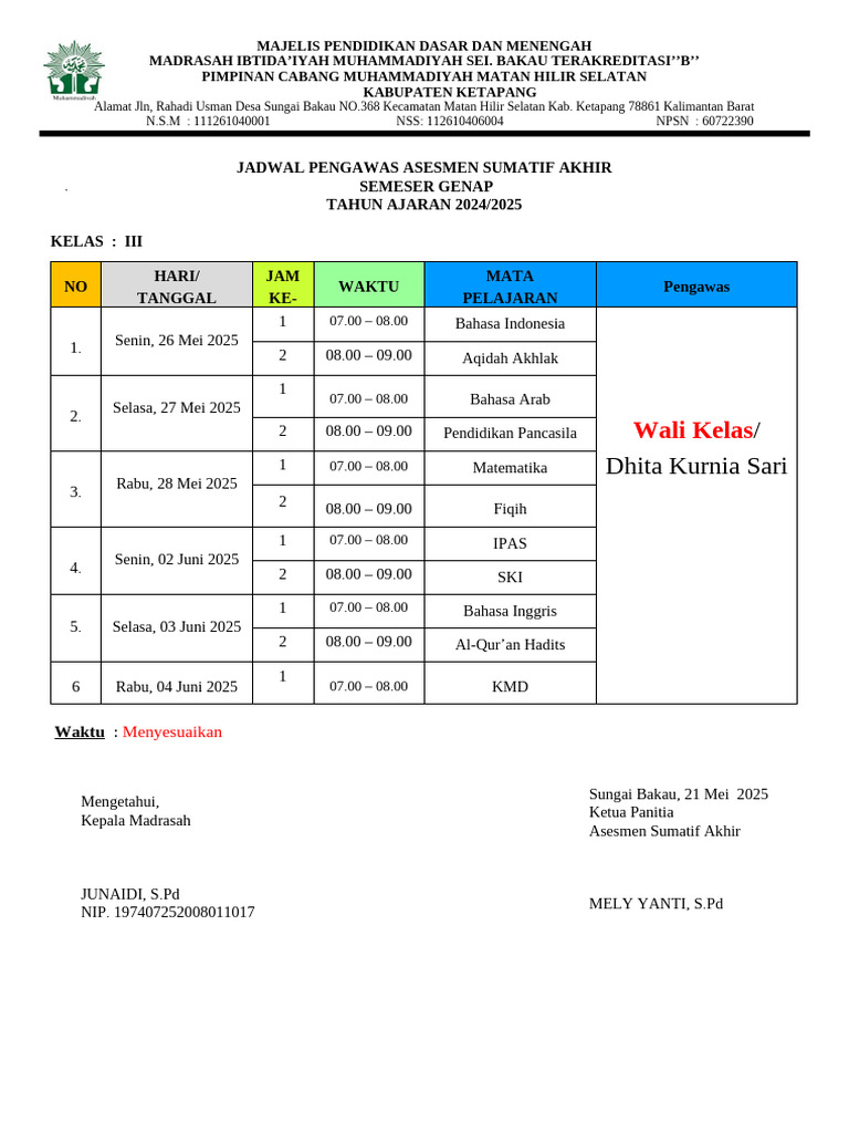 JADWAL PENGAWAS ASA Kls 3 | PDF