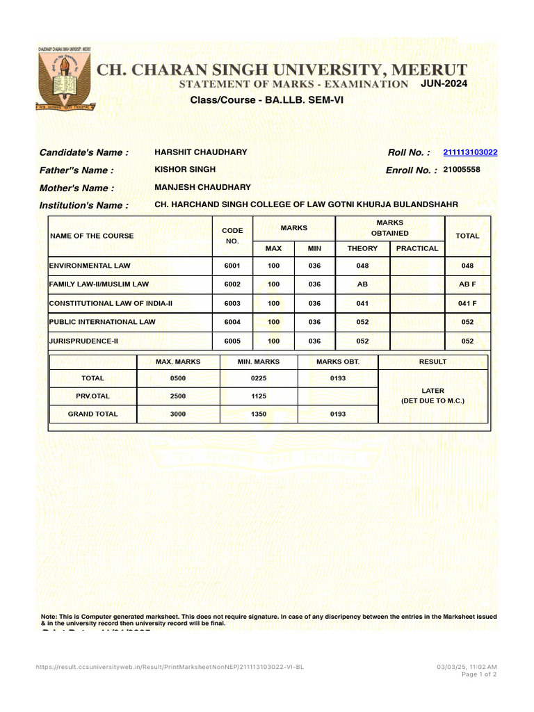 BA.LLB. SEM-VI Marksheet Summary | PDF | Justice | Crime & Violence