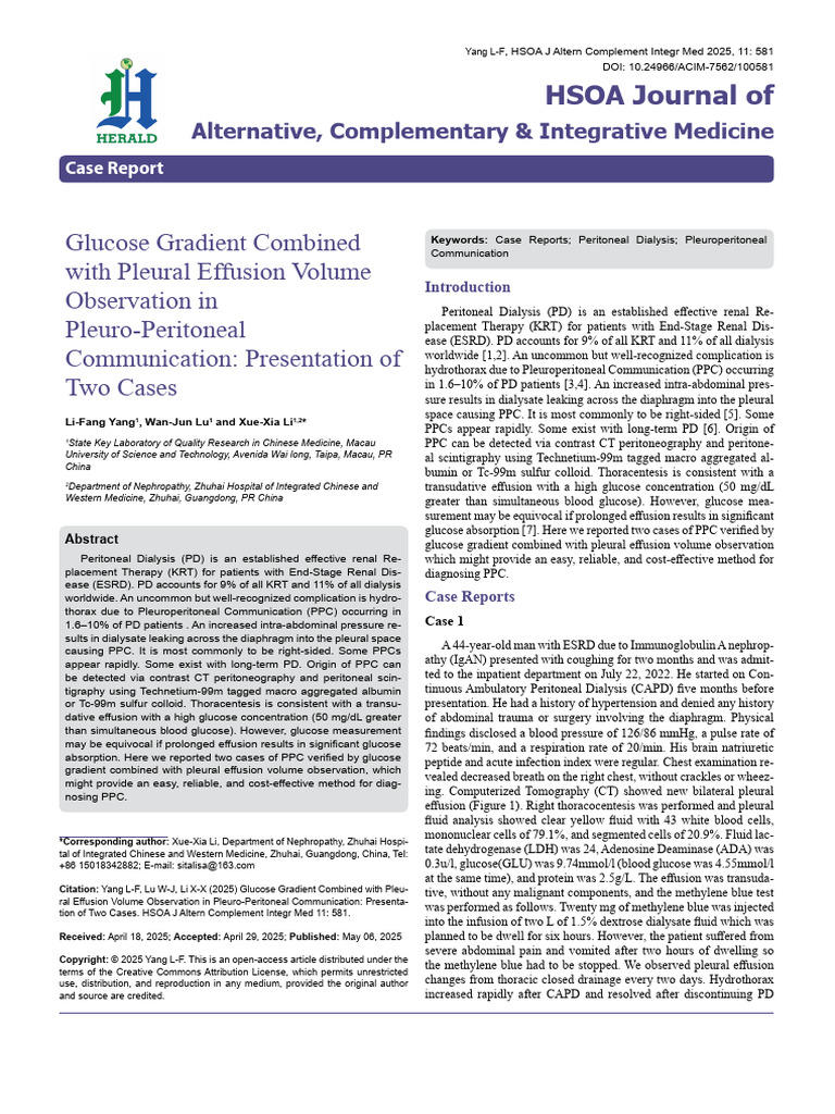 Glucose Gradient Combined With Pleural Effusion Volume Observation in ...