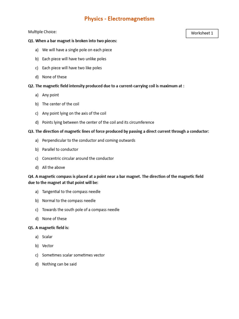 Electromagnetism Physics - Multiple Choice | PDF | Magnetic Field ...