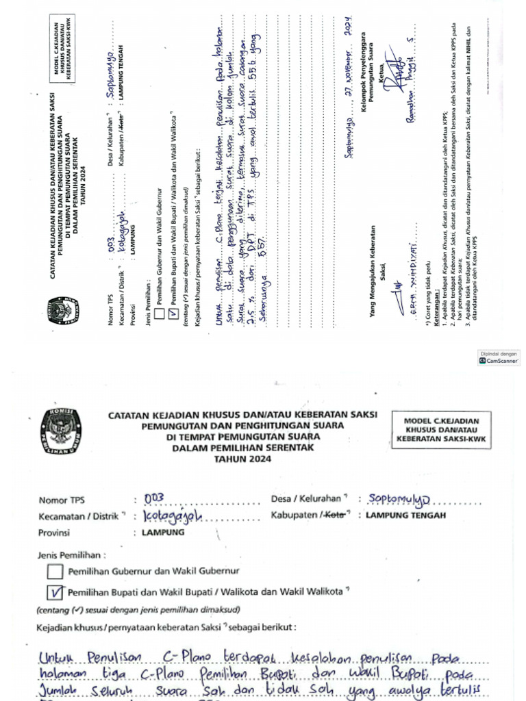 Kejadian Khusus TPS 003 Saptomulyo | PDF