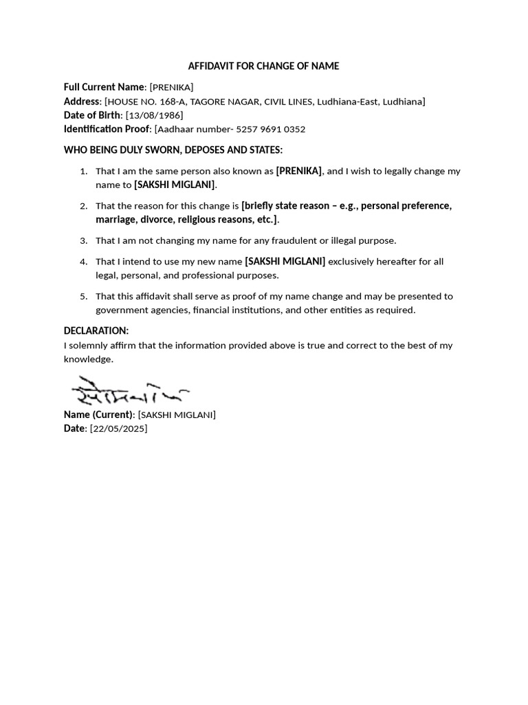 Affidavit for Name Change Process | PDF
