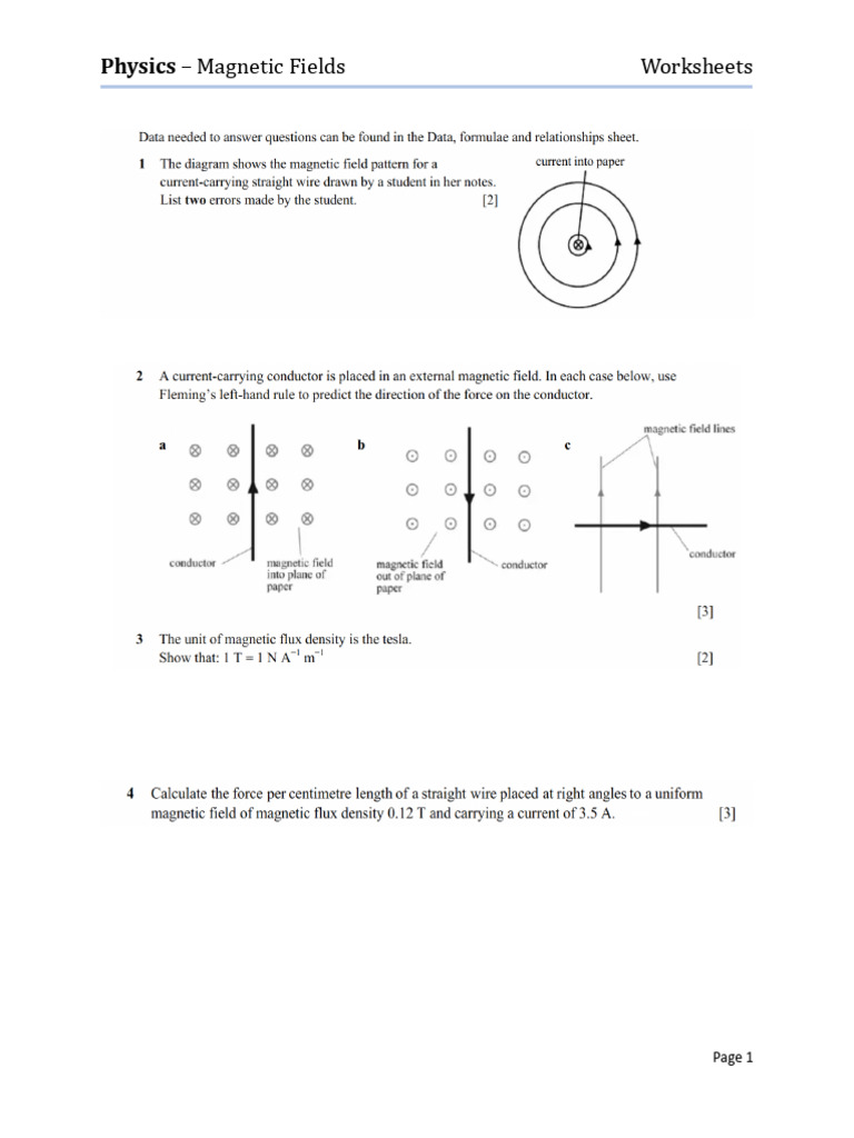 Physics - Magnetic Fields - Worksheets | PDF
