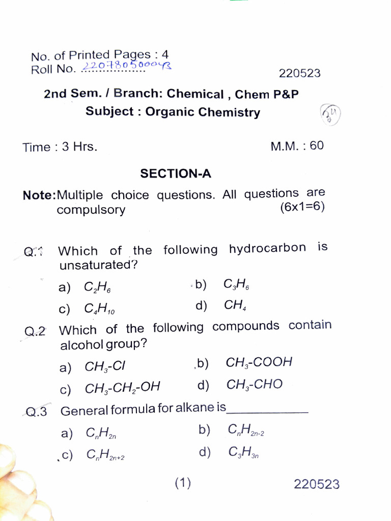 organic chemistry question paper | PDF | Alkene | Organic Chemistry
