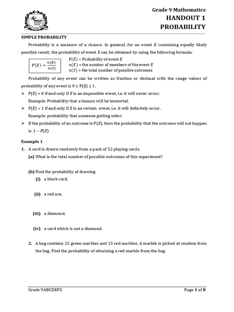 Grade 9 Mathematics - Handout 1 - Probability | PDF | Probability ...