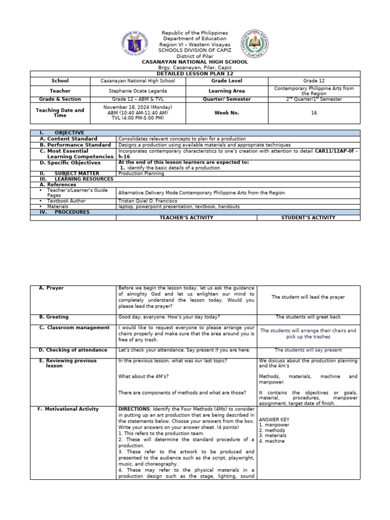 Grade 12 Production Planning Lesson Plan | PDF | Teachers | Learning