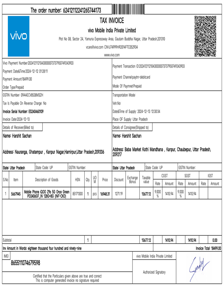 Tax Invoice: Vivo Mobile India Private Limited | PDF | Invoice ...