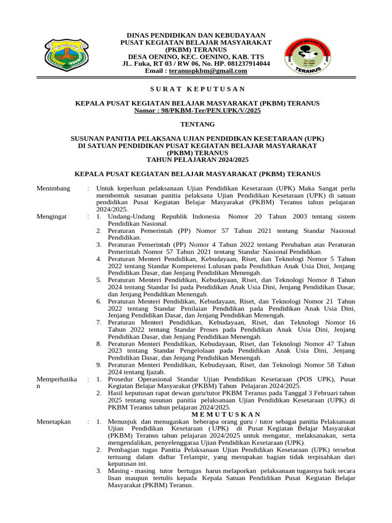 SK TENTANG PANITIA UPK 2025 | PDF