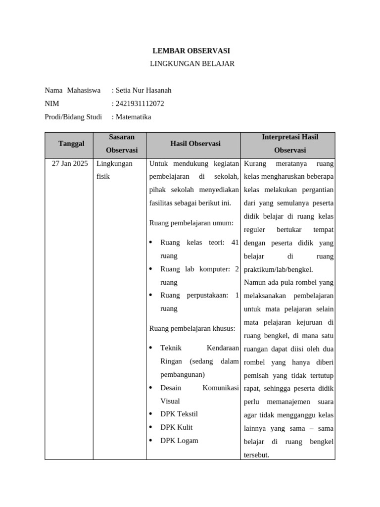 PPL II - T2. Observasi Lingkungan Belajar Di Sekolah | PDF