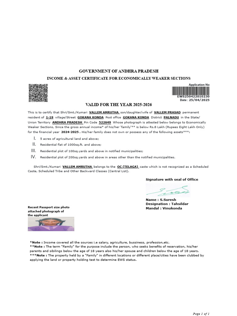 Income & Asset Certificate For Economically Weaker Sections ...
