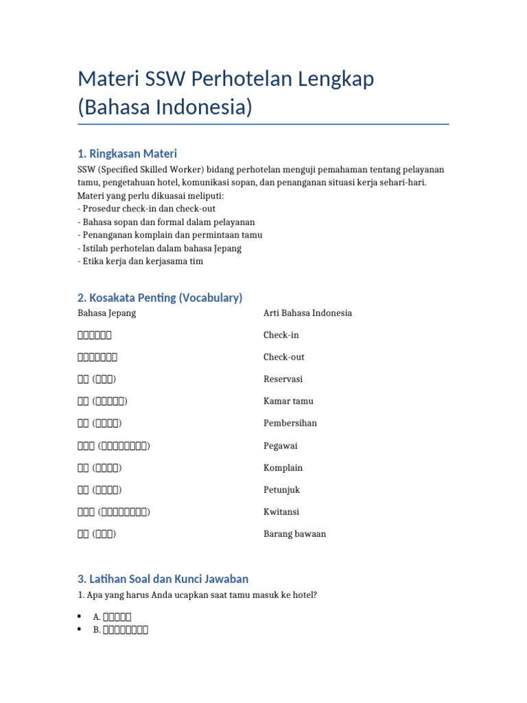 Materi SSW Perhotelan Lengkap 2024 | PDF