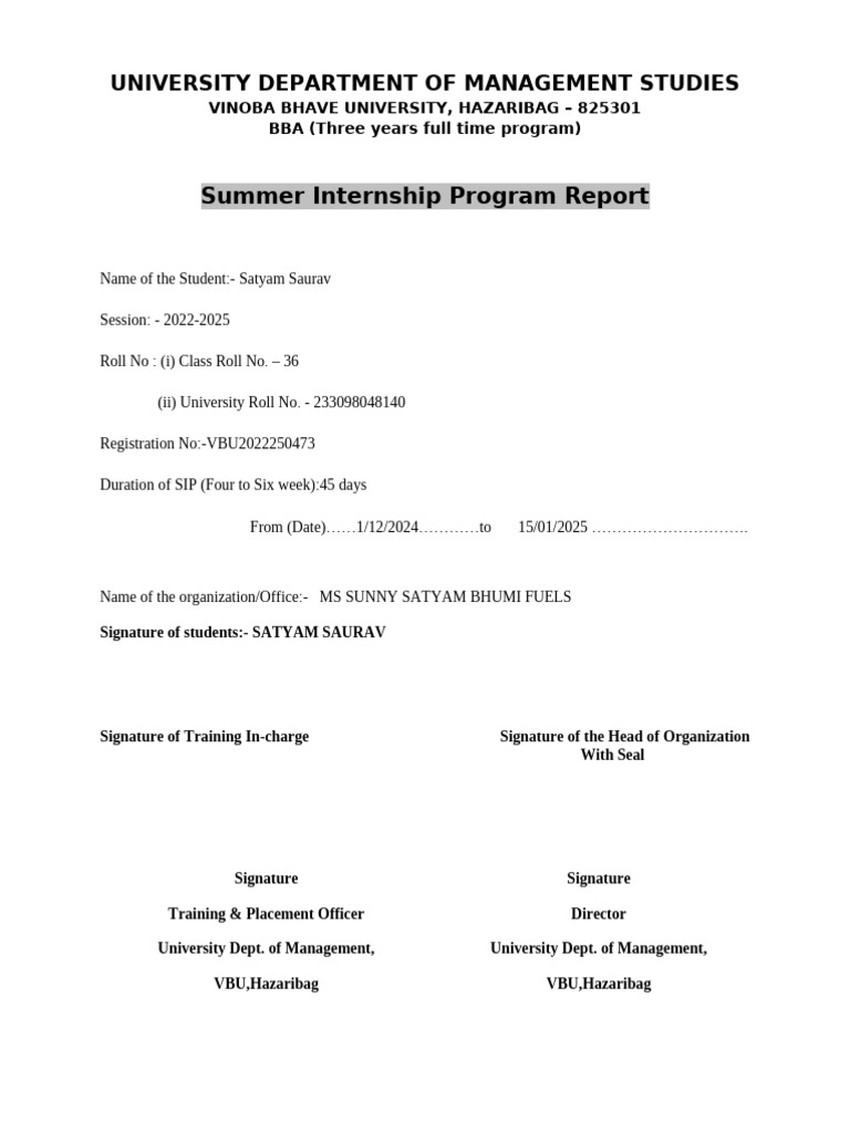 Summer Internship P&E Report of BBA (1) GANDU NO.1 | PDF