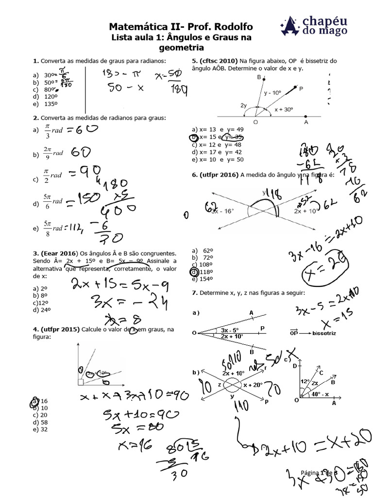 Lista Aula 1 - Ângulos e Graus Na Geometria PDF | PDF | Ângulo | Rotação