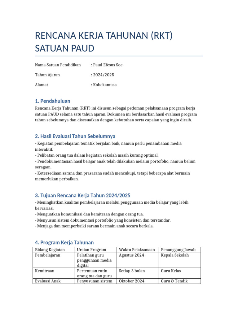 Rencana Kerja Tahunan RKT PAUD Dengan Hasil Evaluasi Point Ke 20 | PDF