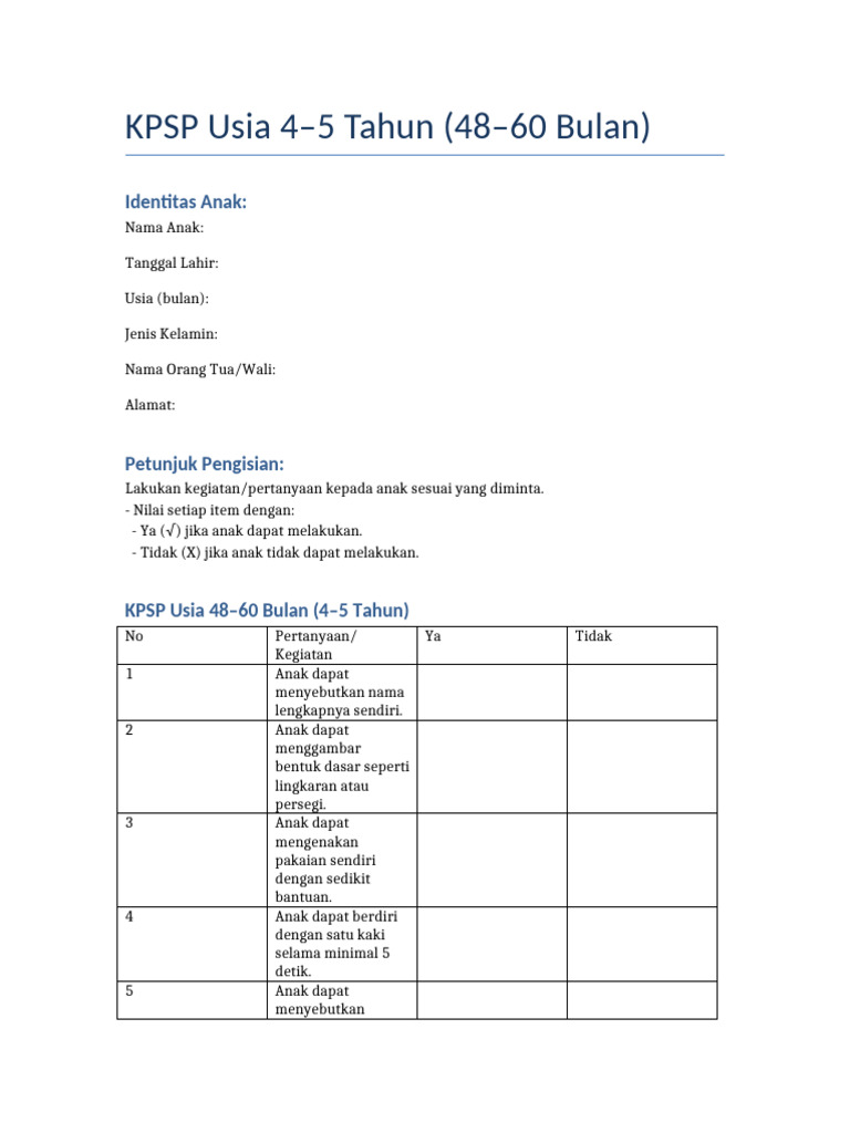 KPSP Anak Usia 4-5 Tahun | PDF