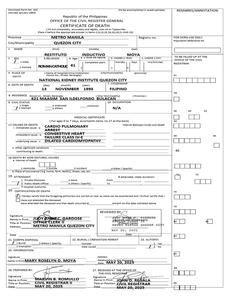Death Certificate Sample Form | PDF | Medicine | Medical Specialties