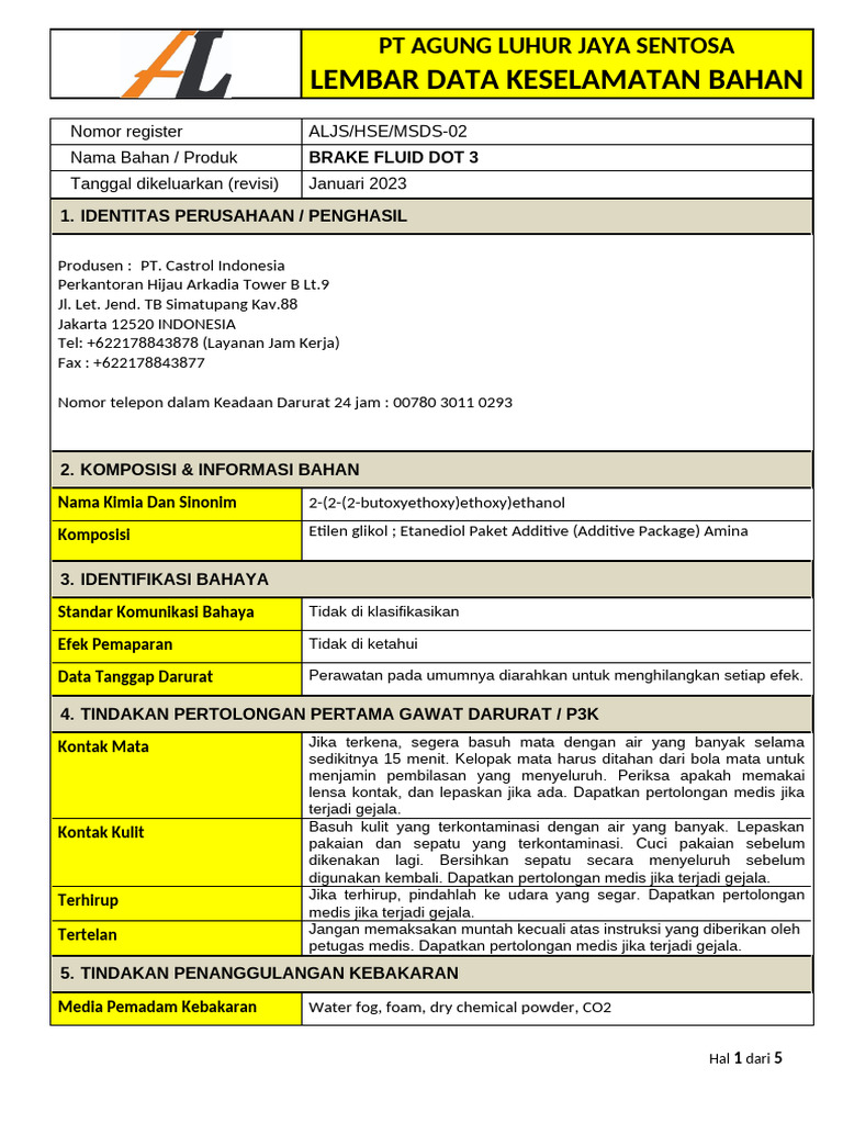 MSDS Brake Fluid DOT 3 PT Agung Luhur | PDF