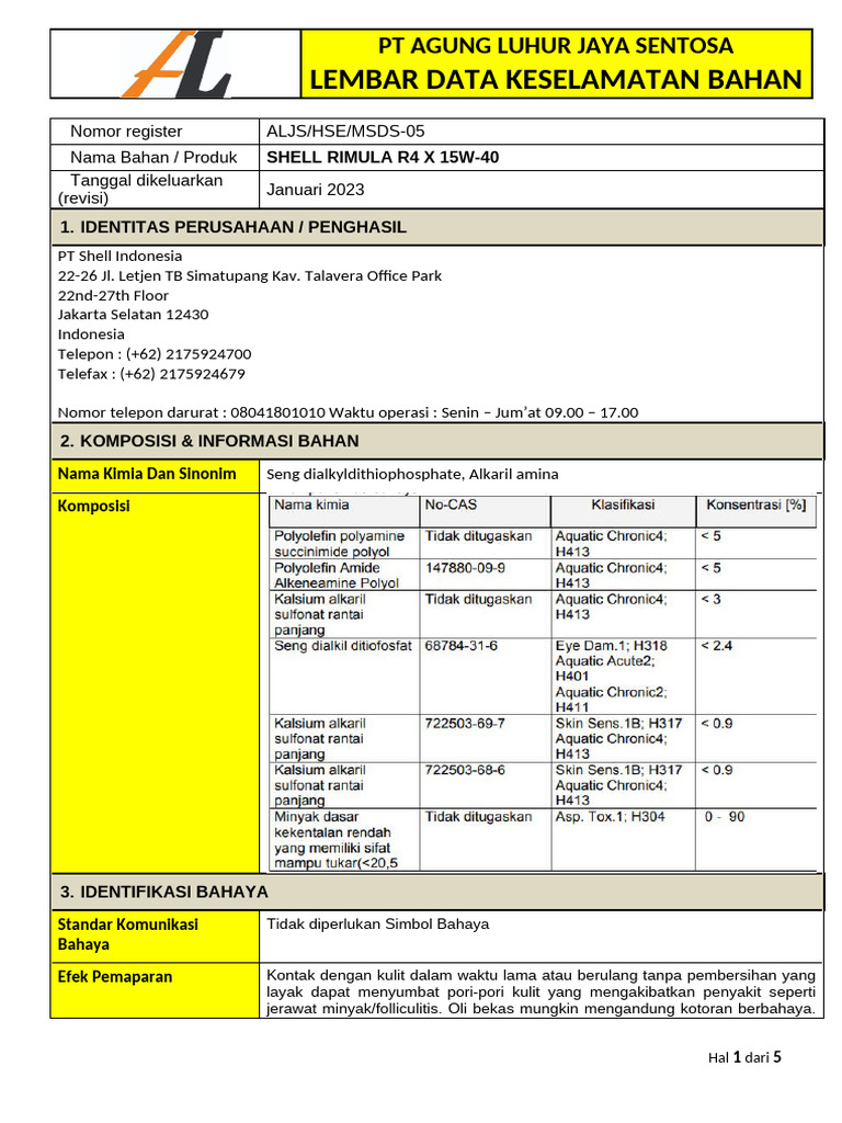 Aljs-Hse-Msds-05 Shell Rimula R4 X 15W-40 | PDF