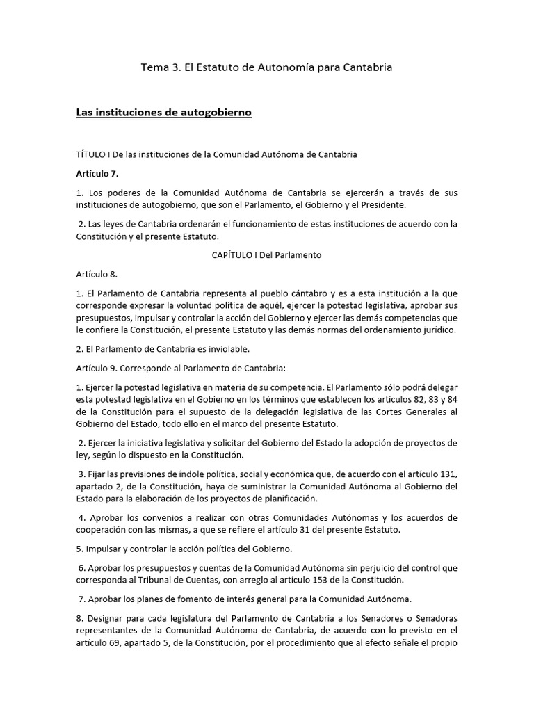 Tema 3 EL ESTATUTO DE AUTONOMÍA PARA CANTABRIA | PDF | Gobierno de españa | Parlamento