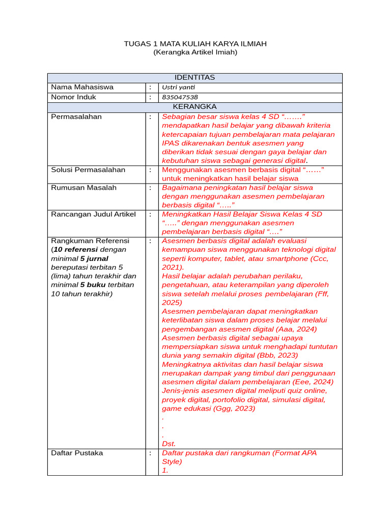 FORMAT TUGAS 1 MATA KULIAH KARYA ILMIAH | PDF