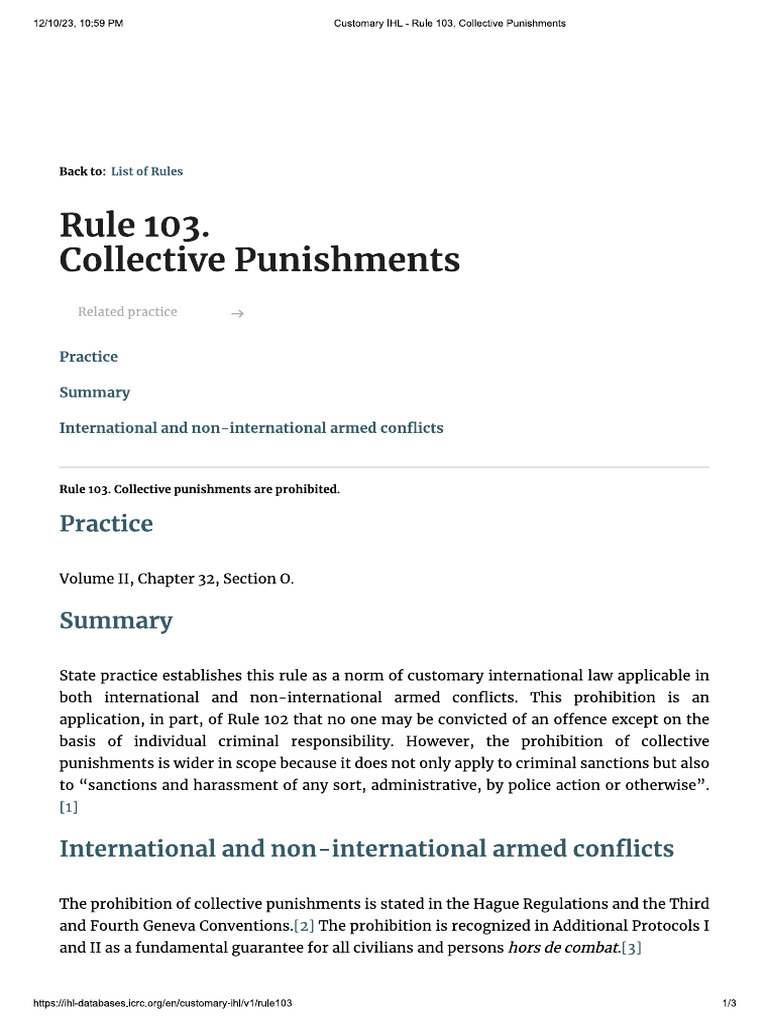 ICRC IHL Rule 103 - Collective Punishment | PDF