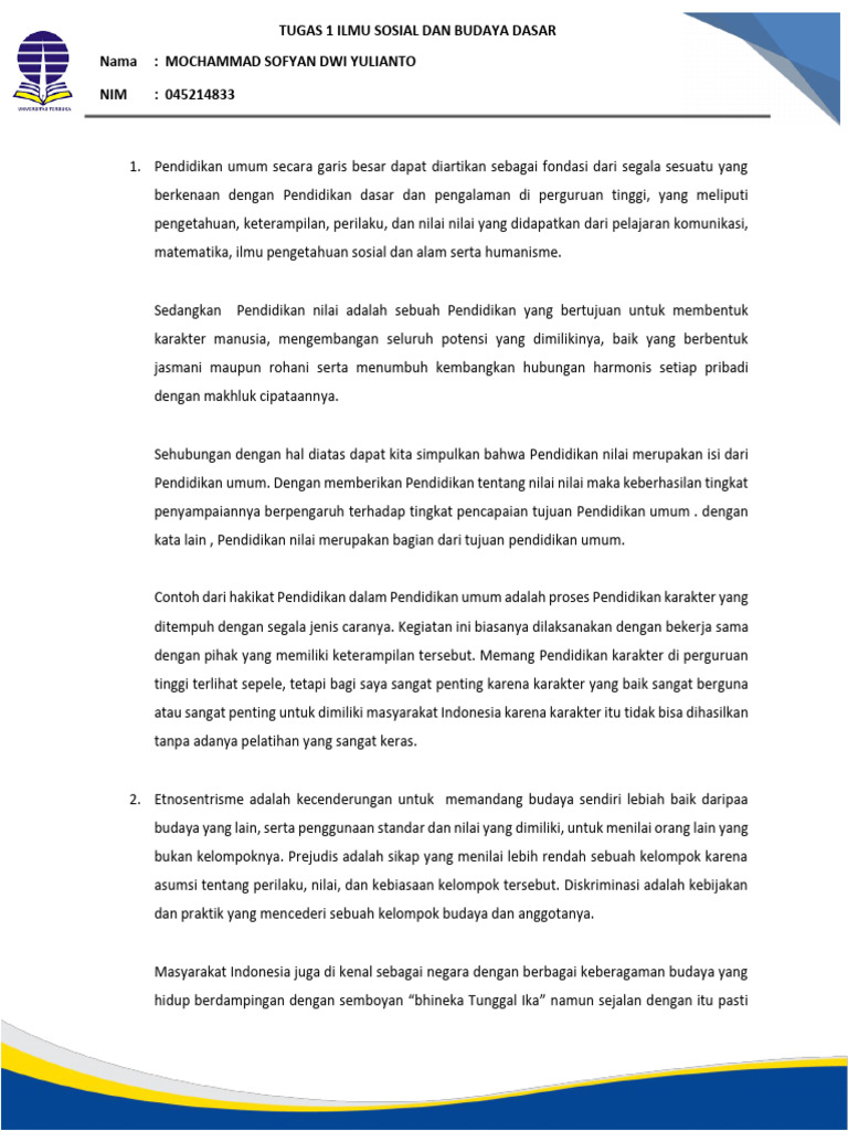 Tugas 1 - MKDU 4109 ILMU SOSIAL BUDAYA DASAR - Moch Sofyan Dwi Y - 045214833 | PDF