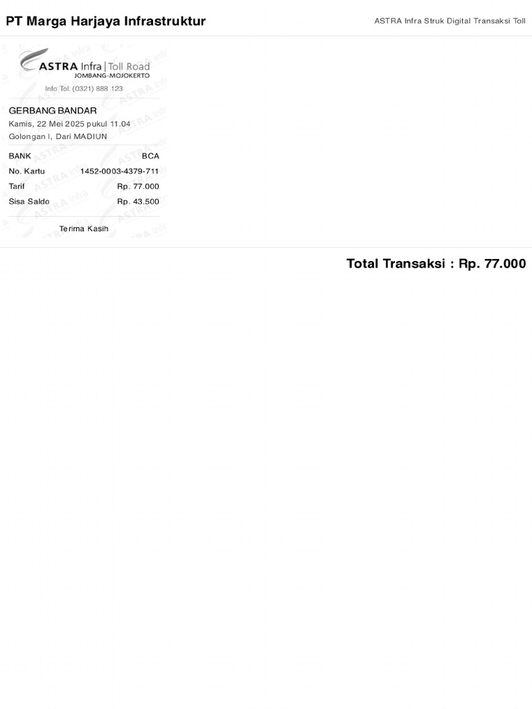 ASTRA Infra Struk Digital Transaksi Toll - 2025523131116 | PDF