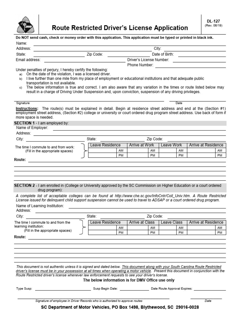 SC Route Restricted License Application | PDF | Department Of Motor ...