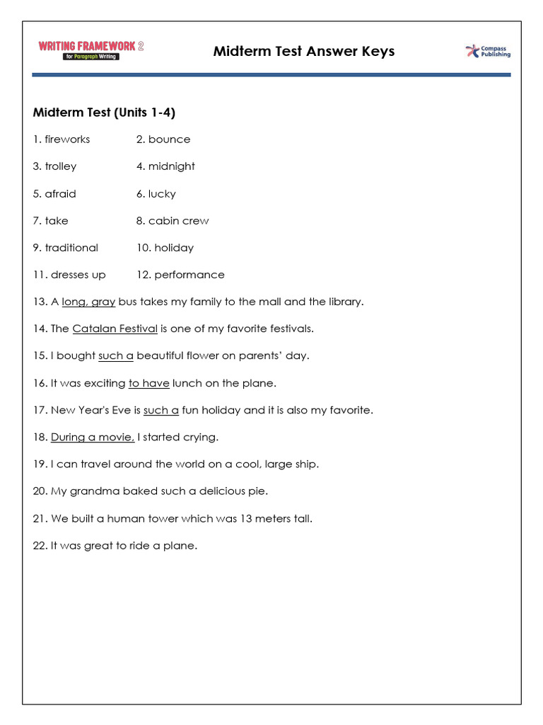 Writing Framework For Paragraph Writing 2 - Midterm Test - Answer Key | PDF