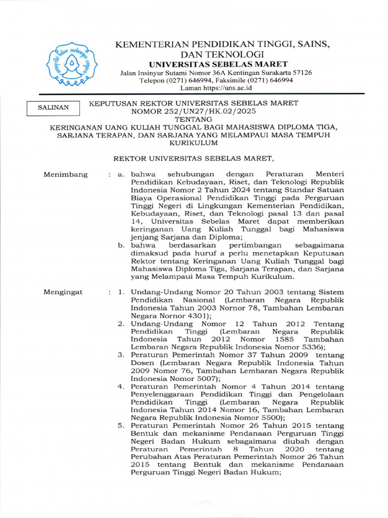 SK R No 252 (STMPL) SK Keringanan UKT 50% Bagi Mahasiswa Diploma Tiga, Sarjana Terapan, Dan ...
