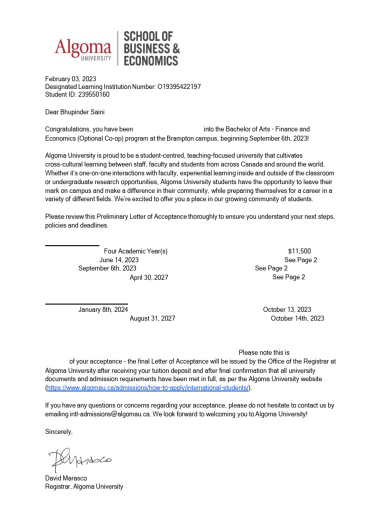 Algoma Conditional Offer Letter - Bhupinder SINGH (Brampton Campus) | PDF