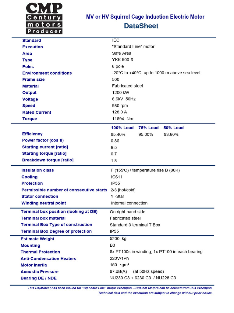CMP Data Sheet YKK500-6 1200KW 6P B3 6.6KV 50Hz IP55 IC611 | PDF | Electric Motor | Electrical ...