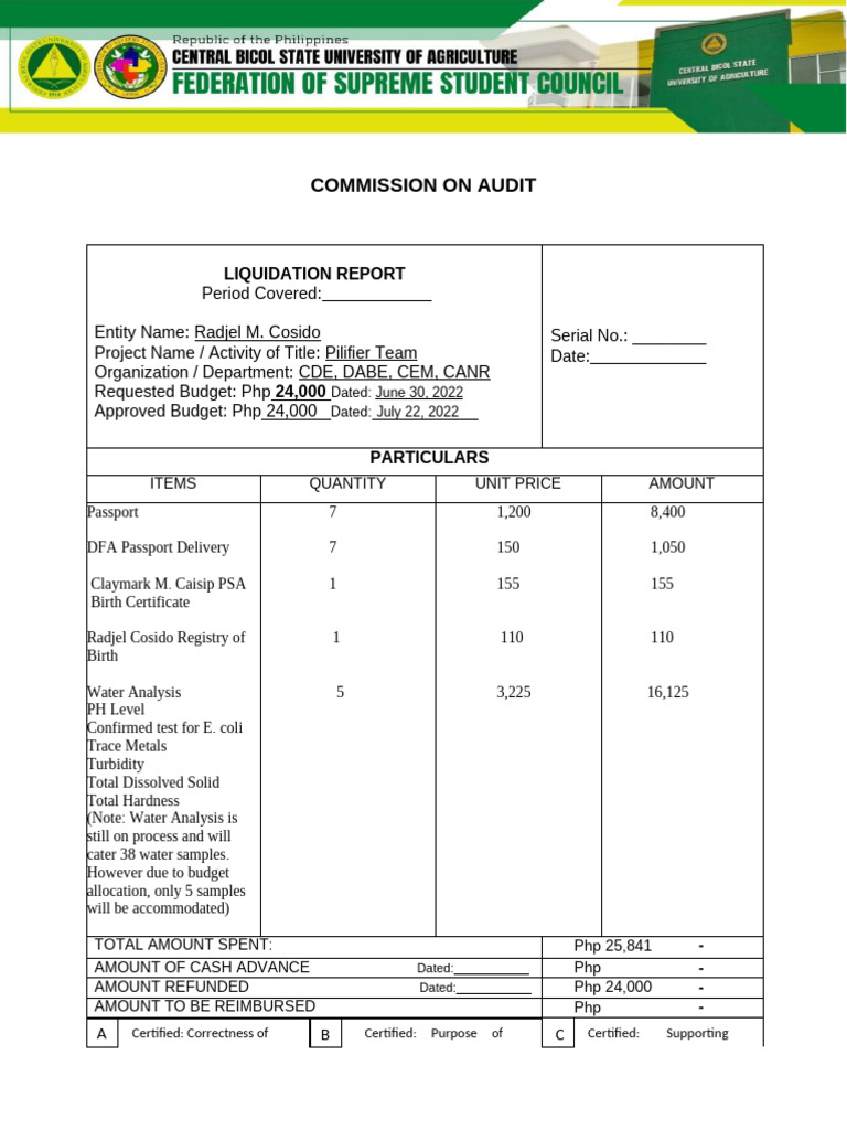 COA - LIQUIDATION FORM Pilifier Team 1 | PDF